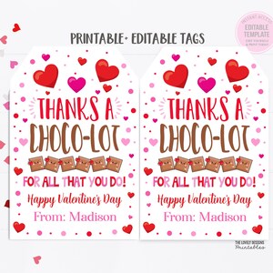 Valentines Day Chocolate Tag Valentine Thanks a Choco-lot Label Teacher ...