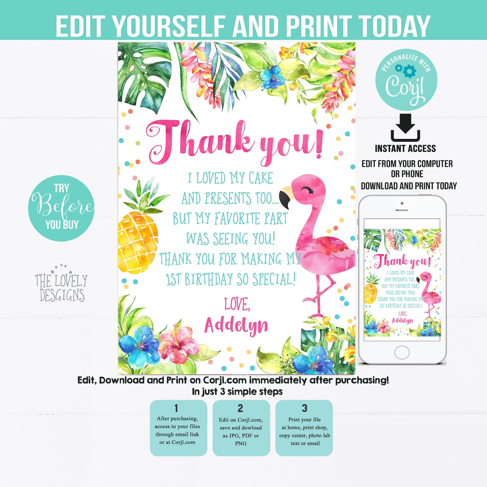 Editable Flamingo Thank You Card Flamingo Girl Birthday Party Cards ...