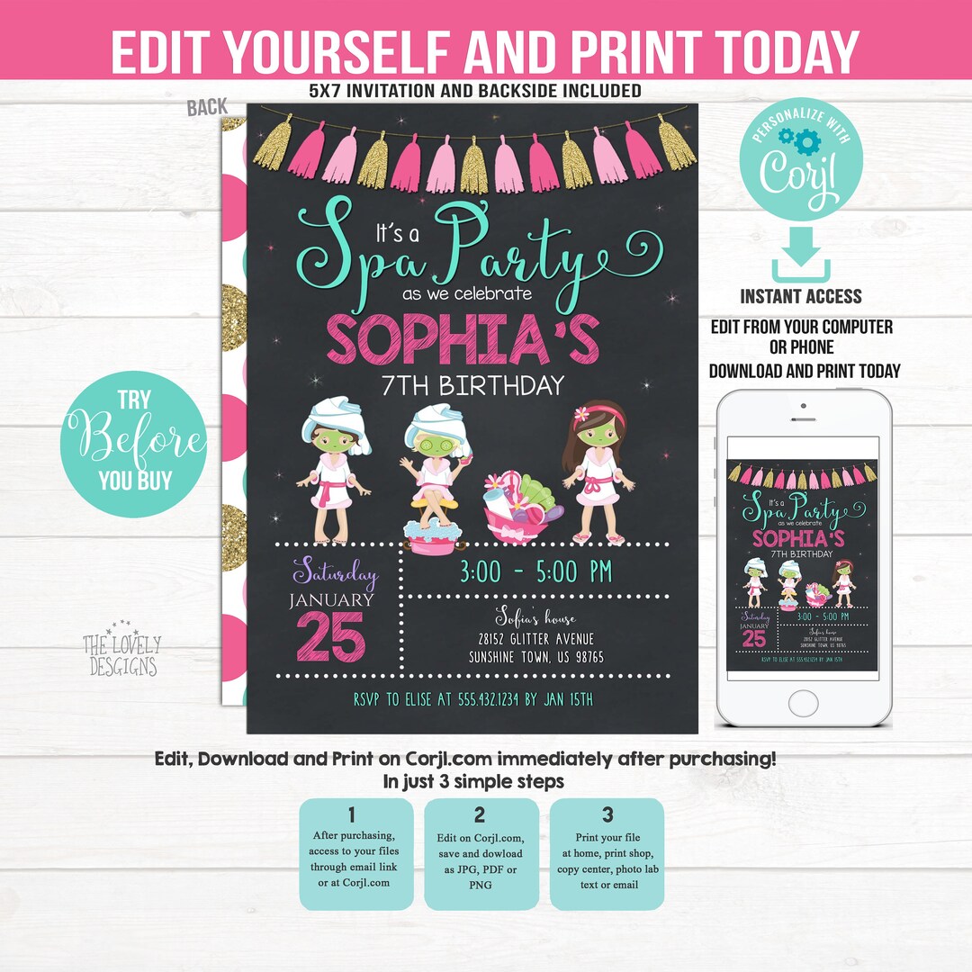 Spa Party EDITABLE Invitation Printable Spa Birthday - Etsy