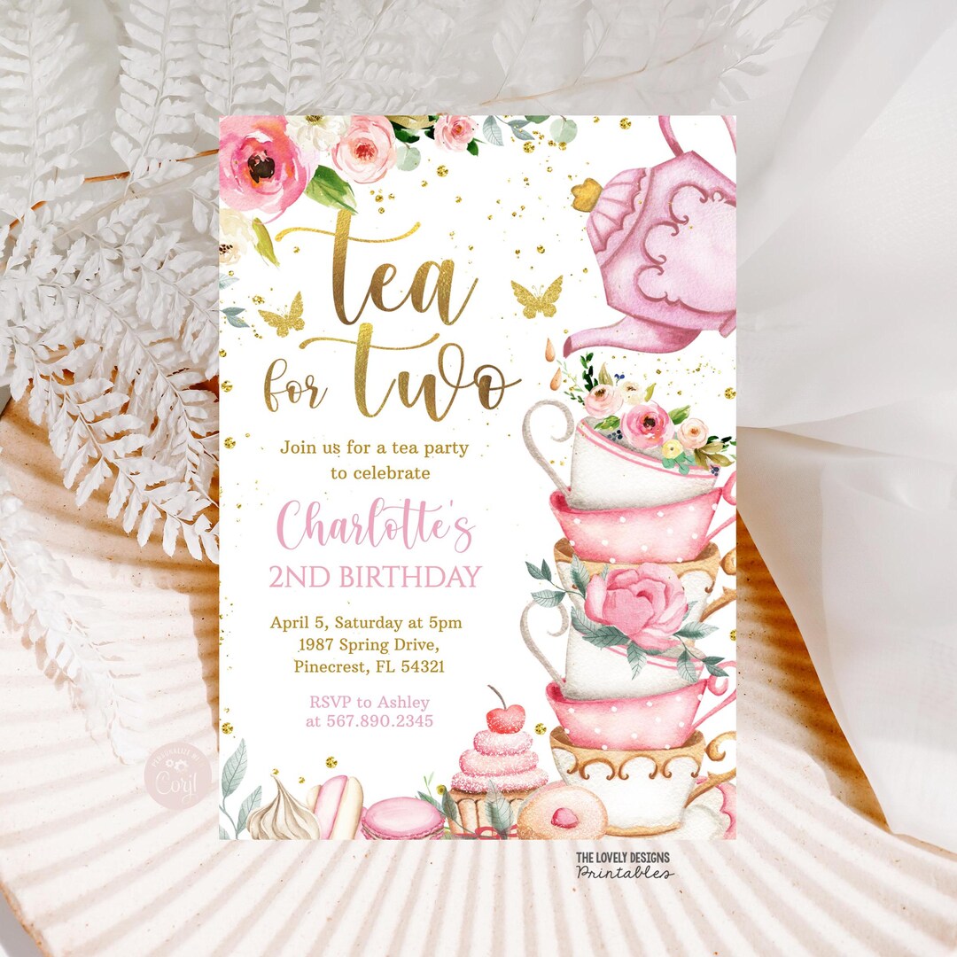 Editable Tea for Two Birthday Invitation, Tea 2nd Birthday Party Pink ...