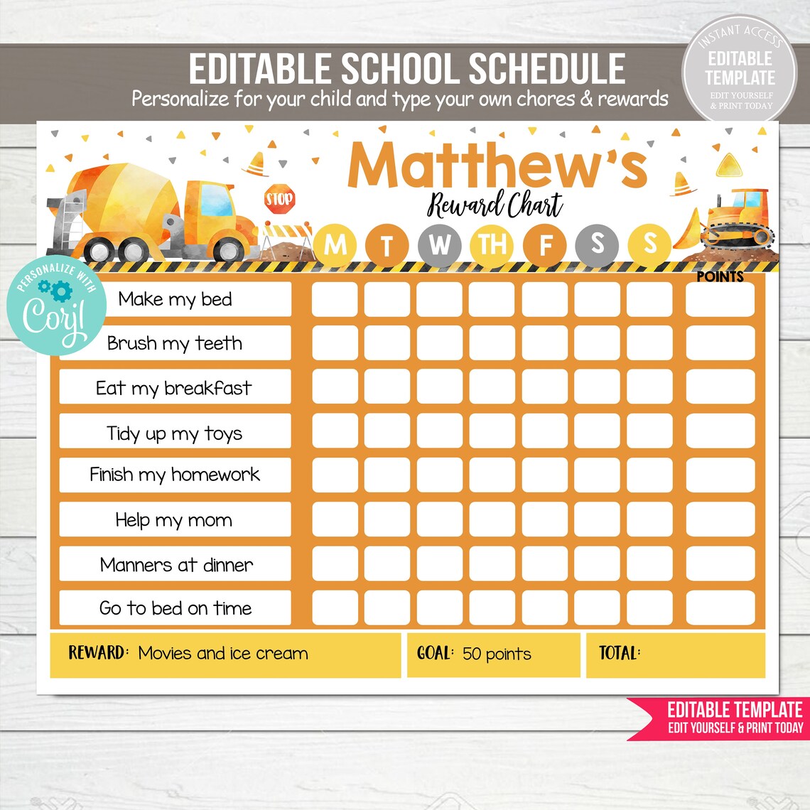 Editable Construction Reward Chart Construction Reward for Kids Routine ...
