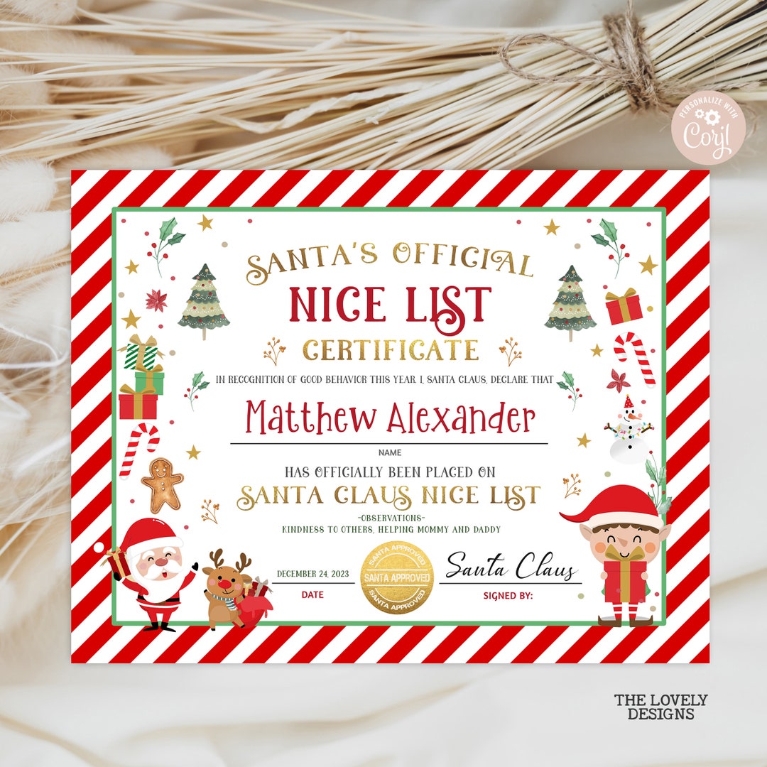 EDITABLE Elf Nice List Santa Claus Official Nice List Certificate ...