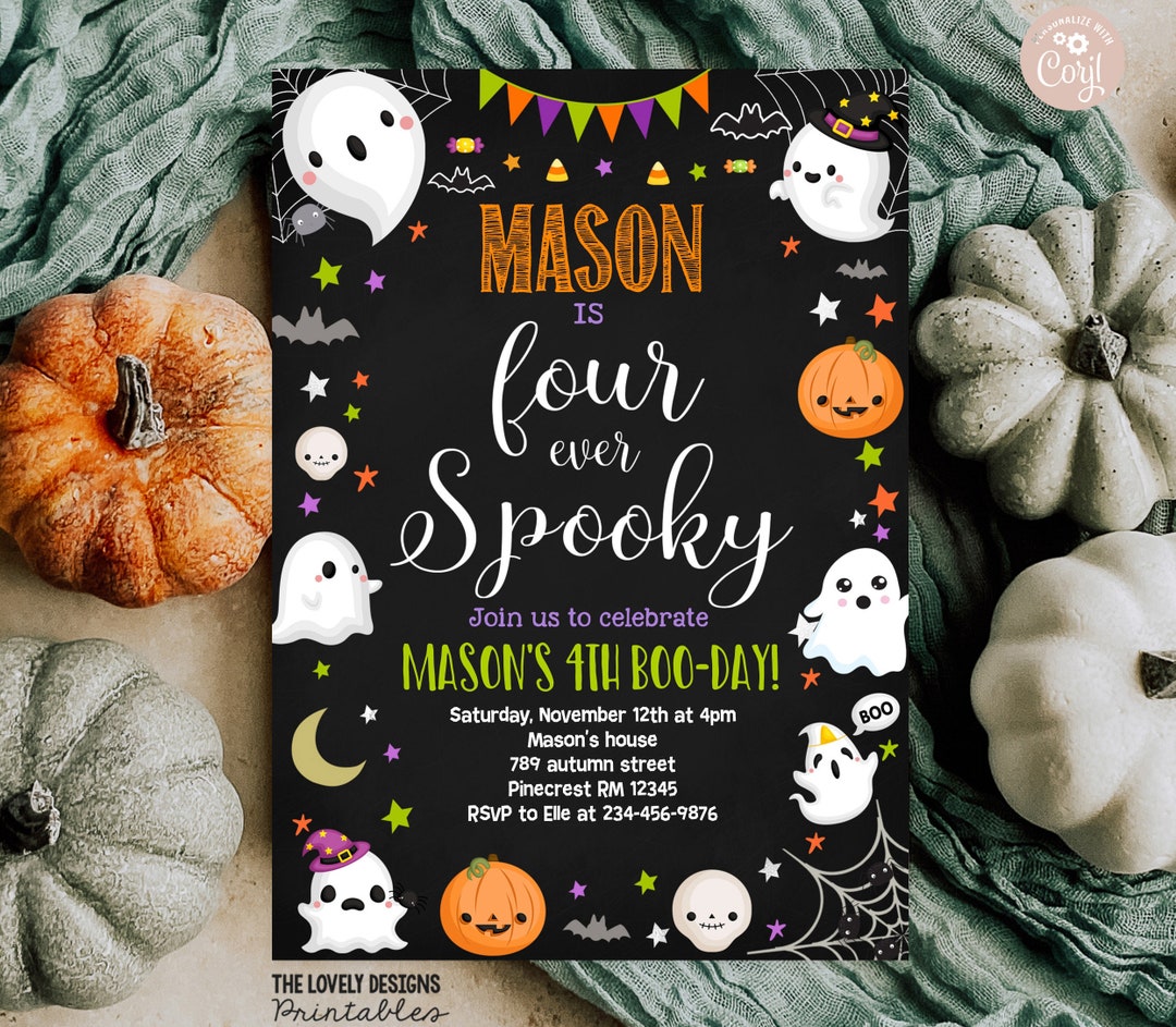 EDITABLE Four Ever Spooky Halloween Invitation Spooky Cute Ghost 4th ...