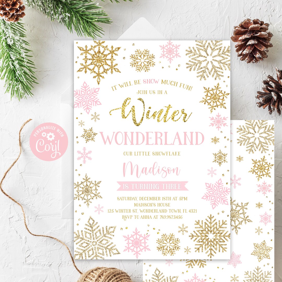 EDITABLE Winter Wonderland Invitation Snowflakes Pink and Gold Winter ...