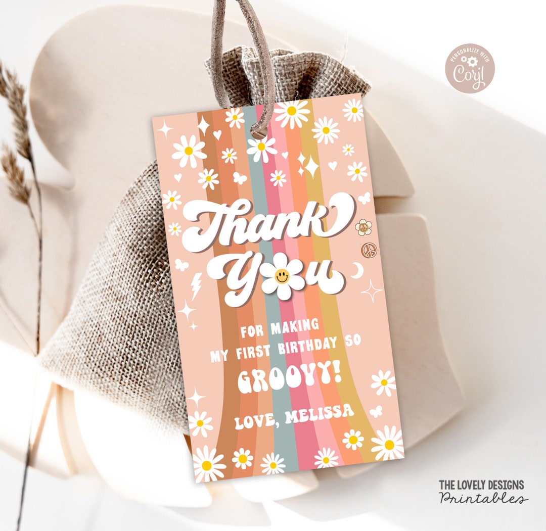 EDITABLE Retro Favor Tag Groovy Birthday Daisy Rainbow Orange Blue Gift ...