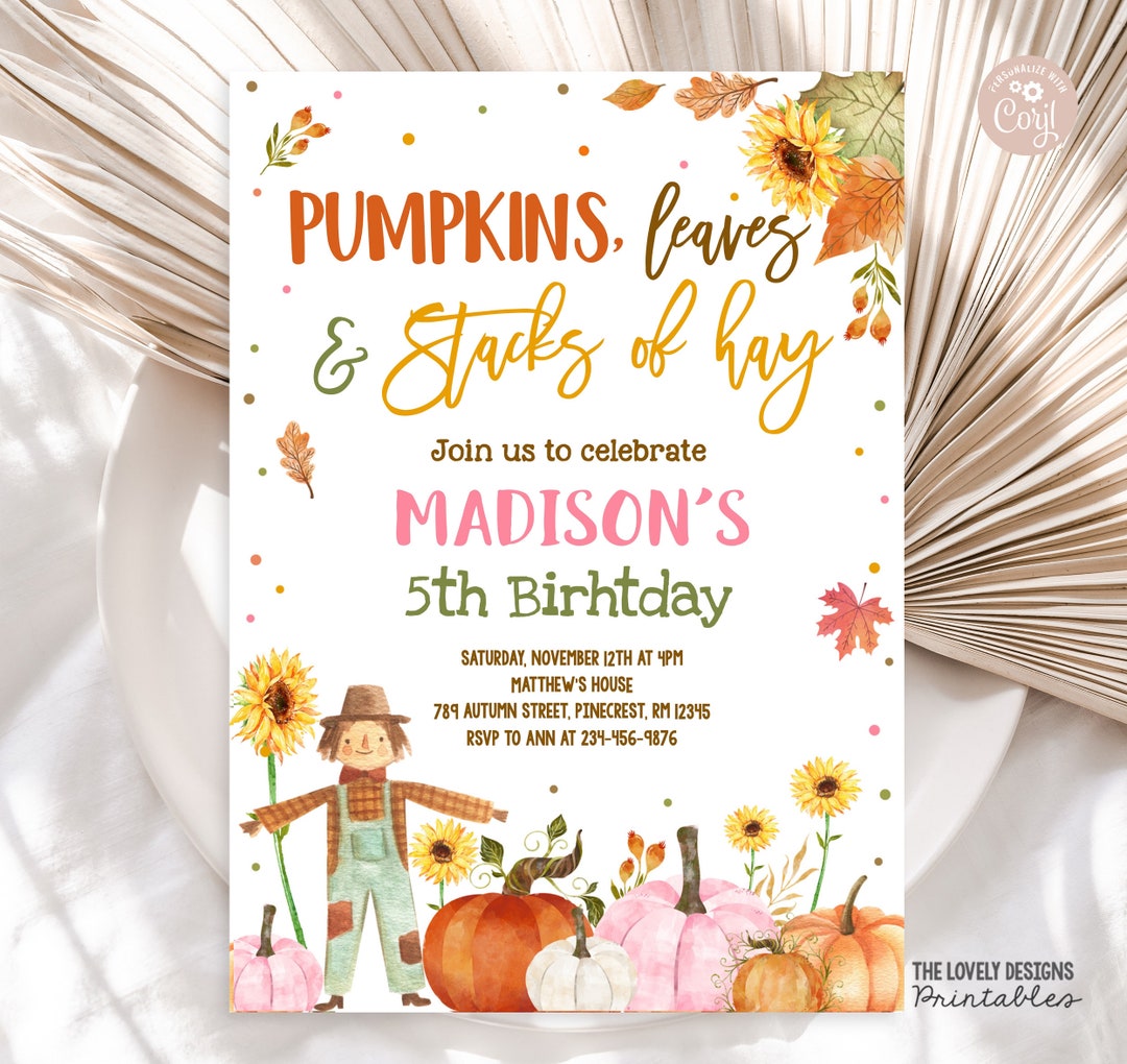 EDITABLE Pumpkin Scarecrow Invitation Pink Pumpkin Birthday Fall ...
