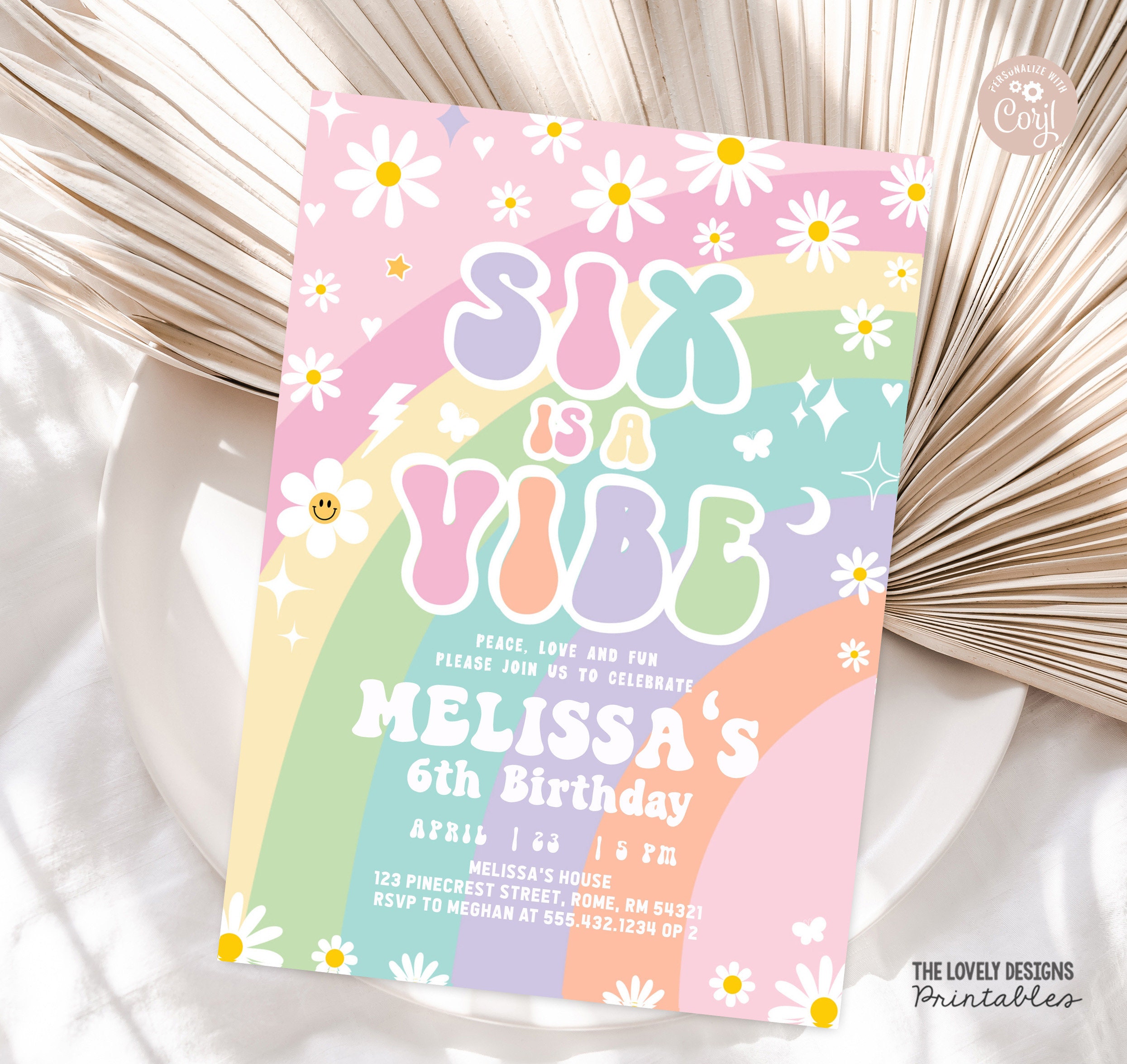 Editable Six is A Vibe Daisy Groovy 6th Birthday Invitation Groovy ...