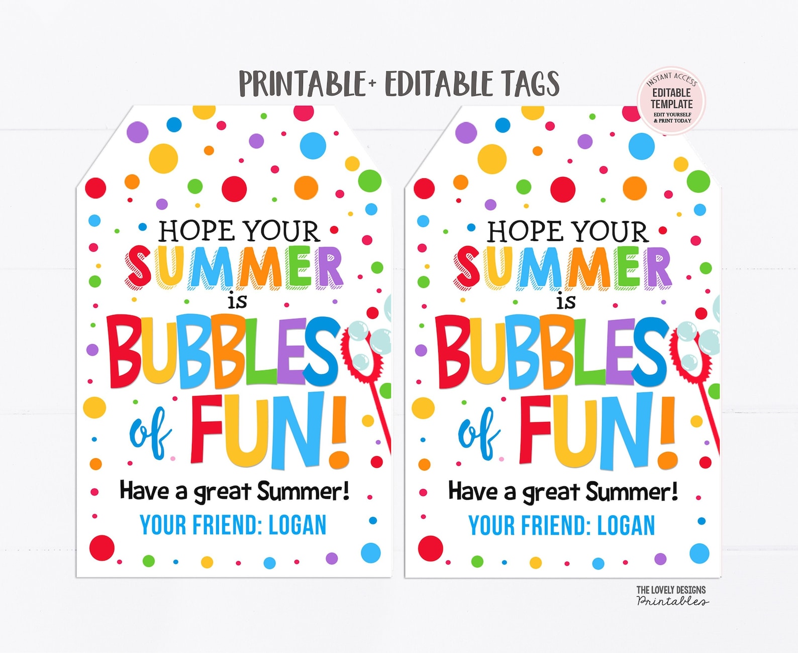 Summer Bubbles of Fun Tags End of School Tag Bubble Favor Tag Classmate ...