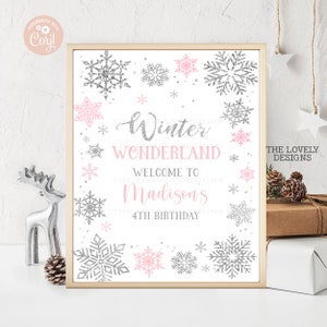 Editable Winter Wonderland Welcome Sign Snowflakes Pink and Silver ...