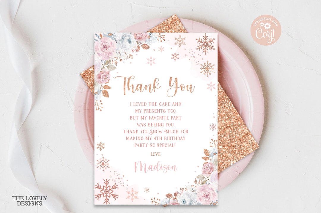 EDITABLE Winter Thank You Card Winter Birthday Party Winter Snowflakes ...