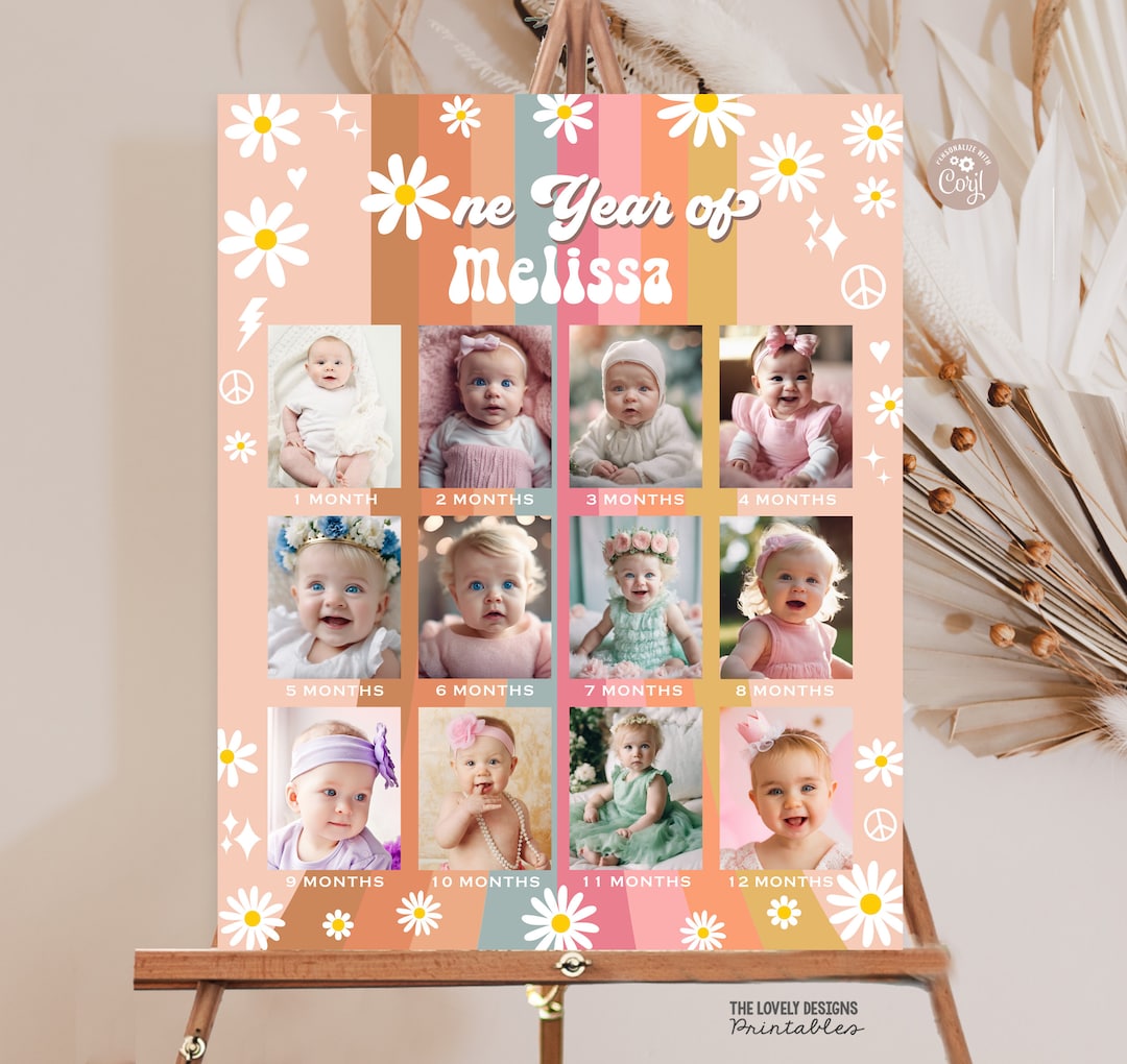 Editable Groovy First Year Photo Collage Milestone Poster 12 Month ...