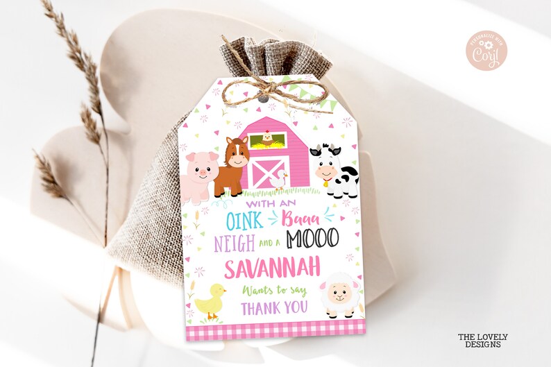 EDITABLE Farm Gift Tag Girl Farm Birthday Party Tags Oink Moo - Etsy