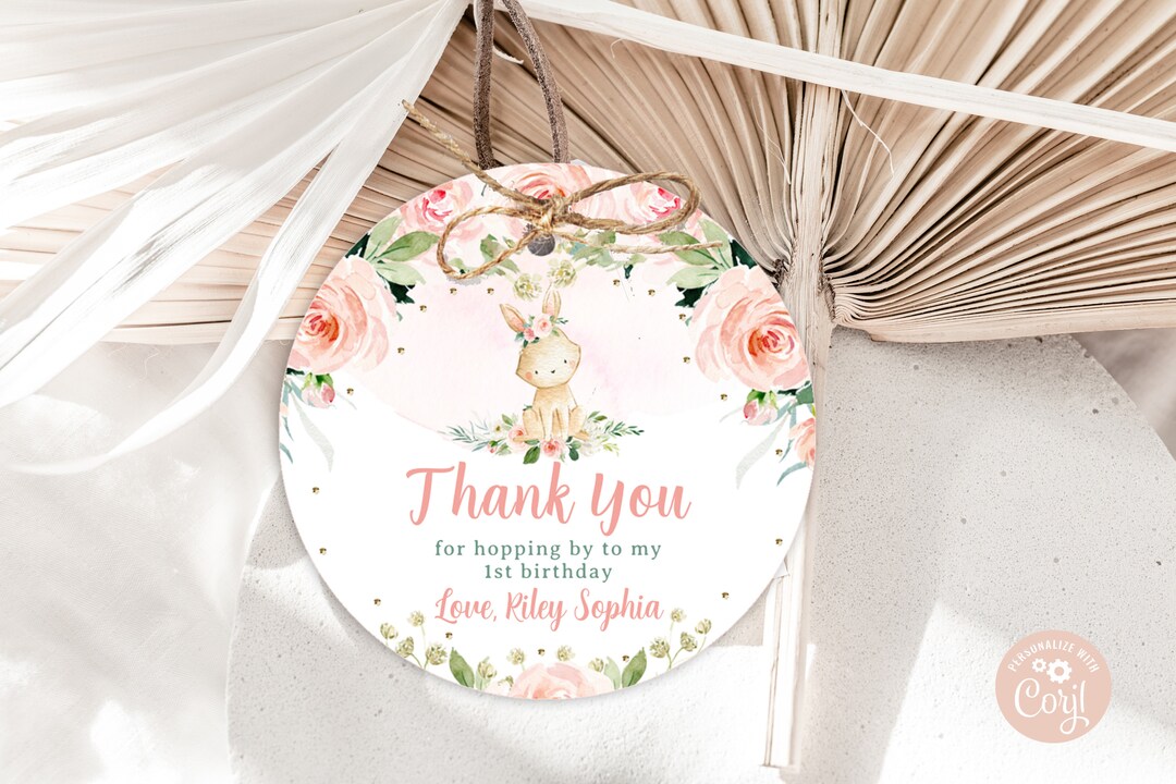 EDITABLE Bunny Gift Tag 2.5" Bunny Thank You for Hopping by to Birthday ...