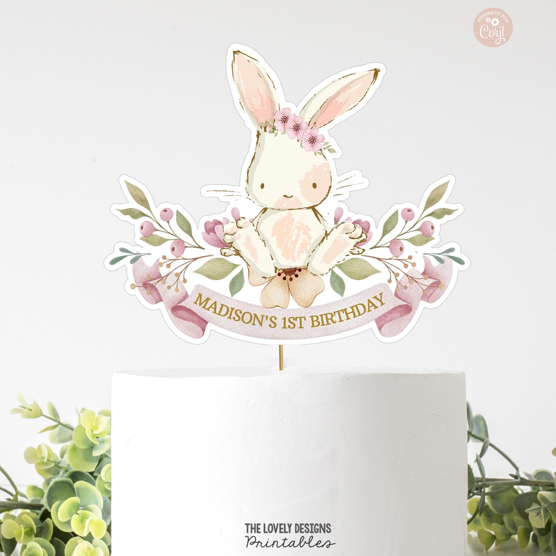 Cake Topper Bunny Birthday Editable Centerpiece Cutouts Easter Pink ...