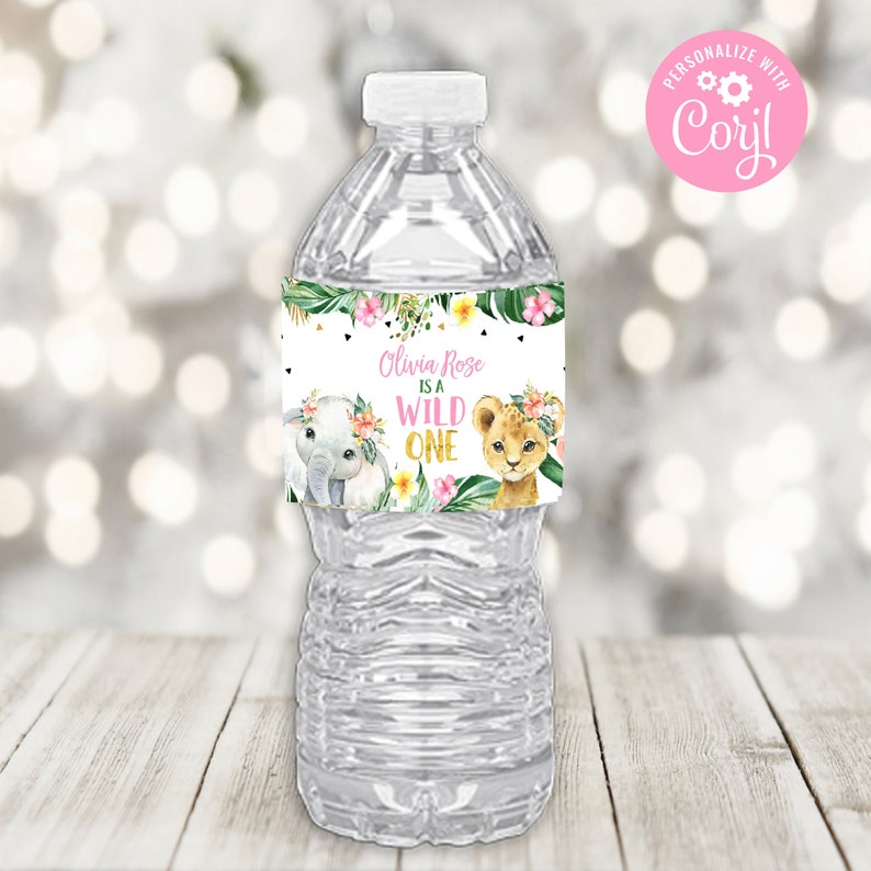 Wild ONE Water Bottle Label Editable Jungle Girl Birthday Party Safari ...