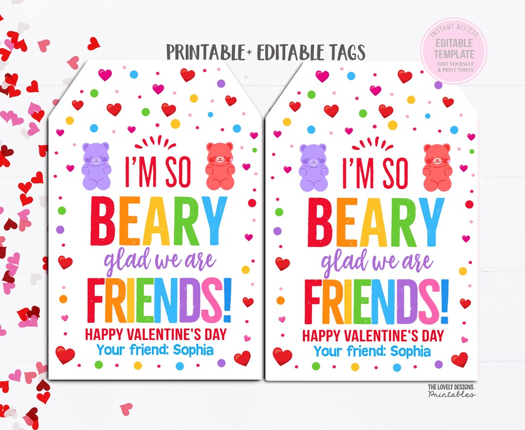 Beary Glad We're Friends Valentine Tag, Gummy Bear Valentine Gift Tags ...