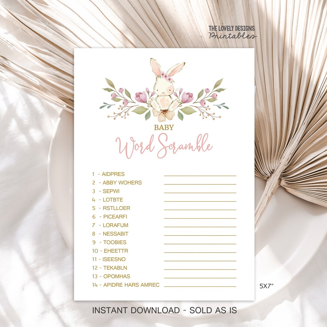 Bunny Baby Shower Word Scramble Game: Pink Floral, Spring Rabbit ...