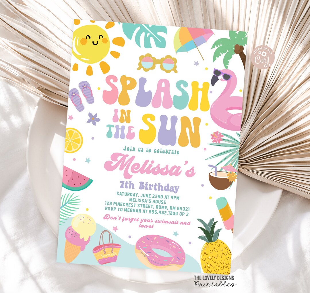 Editable Splash in the Sun Pool Party Birthday Invitation Splish Splash ...