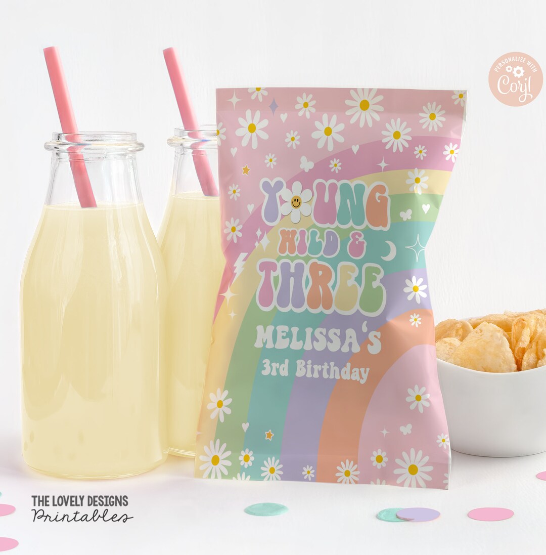 Editable Young Wild and Three Chip Bag Wrapper Daisy Groovy Birthday ...