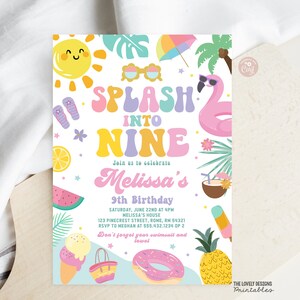 Editable Splash Into Nine 9th Birthday Pool Party Invitation Splish ...