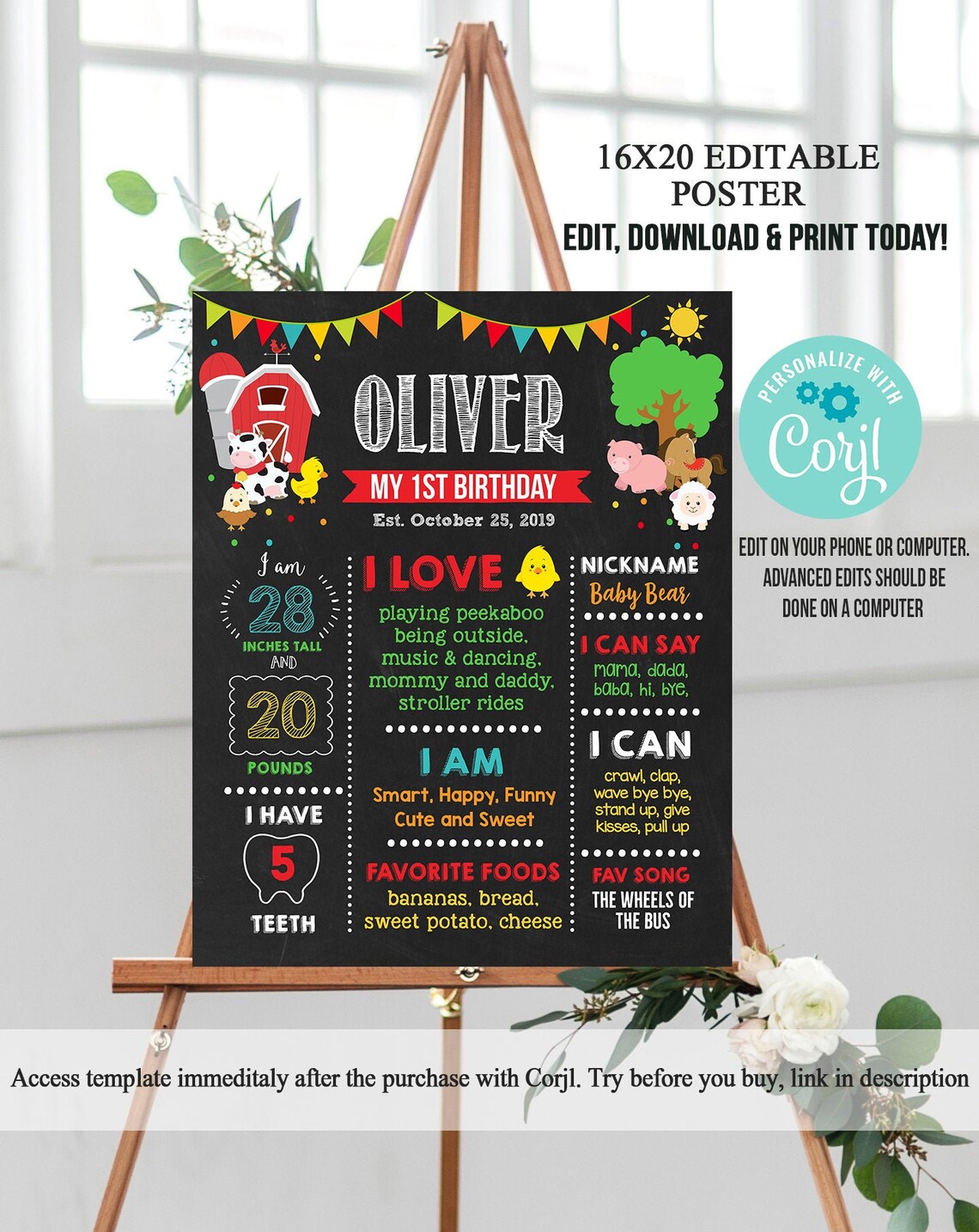 Farm First Birthday Milestone Poster Chalkboard EDITABLE Farm - Etsy