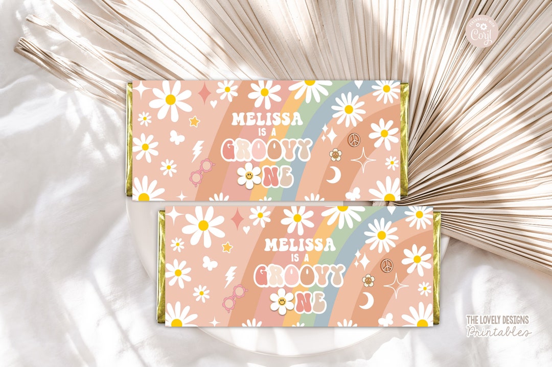 Editable Groovy One Candy Bar Wrapper Groovy 1st Birthday Daisy Rainbow ...