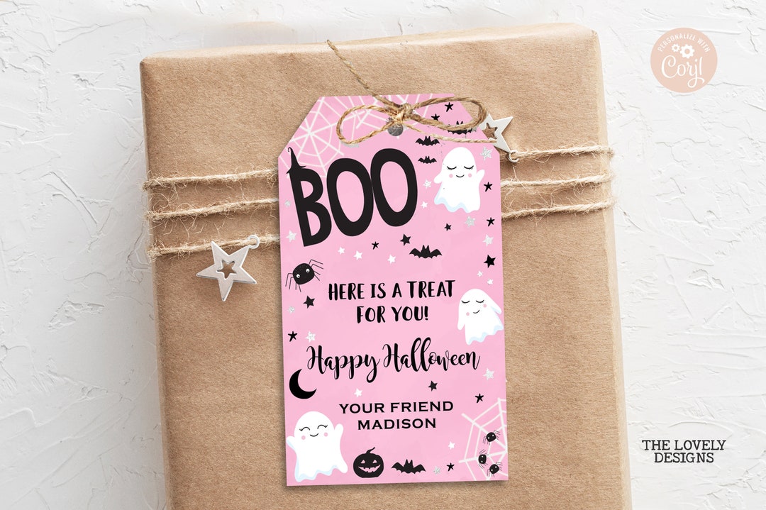 EDITABLE Halloween Gift Tag Halloween Pink Ghost Birthday Boo Favor ...