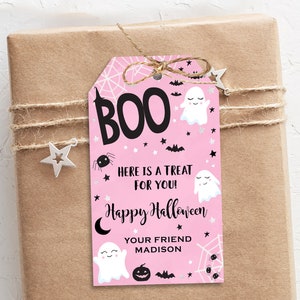 EDITABLE Halloween Gift Tag Halloween Pink Ghost Birthday Boo Favor ...