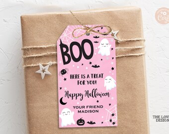 EDITABLE Halloween Gift Tag Halloween Pink Ghost Boo Favor - Etsy