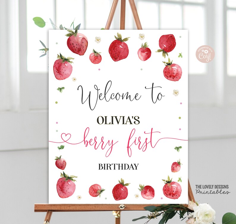 EDITABLE Strawberry Welcome Sign Sweet Strawberry Birthday - Etsy