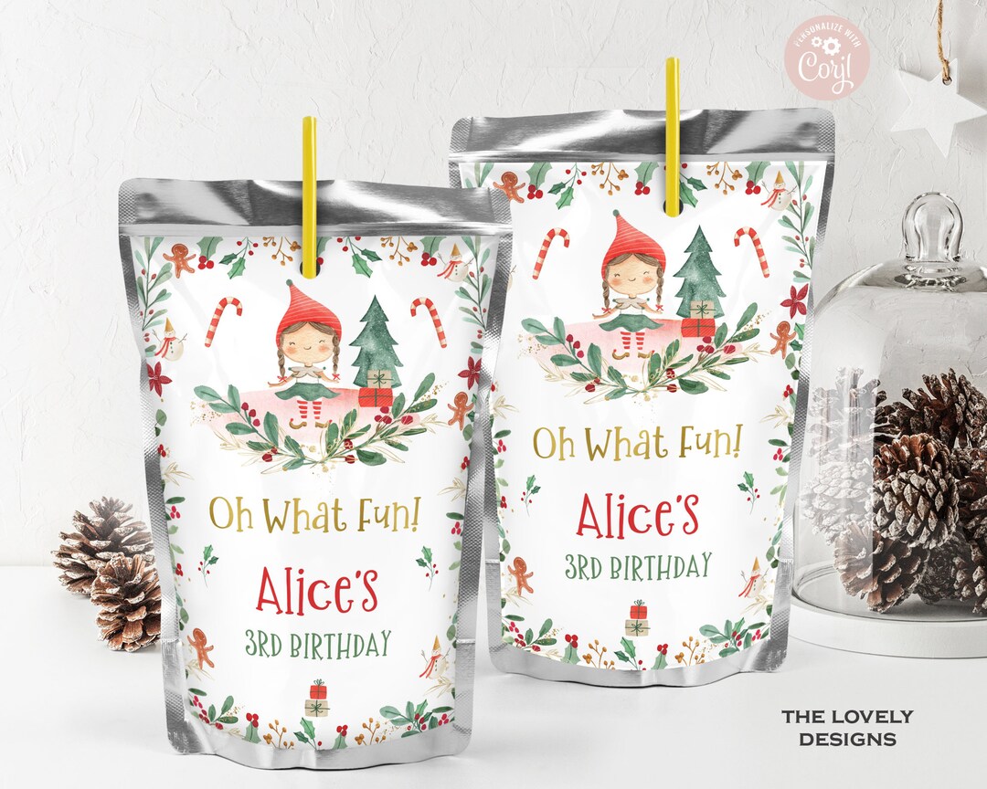 EDITABLE Elf Juice Pouch Label Christmas Winter Elf Girl Birthday Party ...
