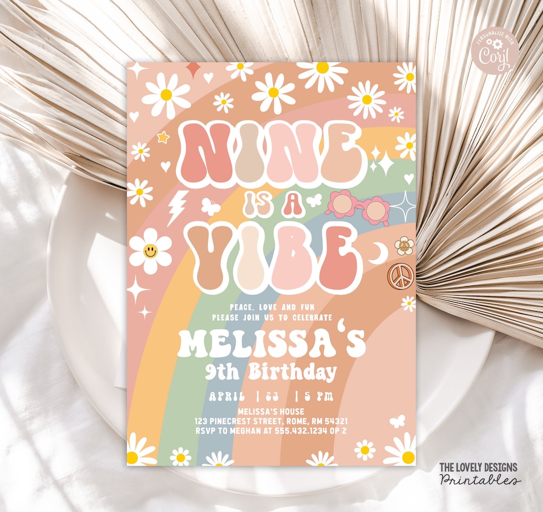 EDITABLE Nine is A Vibe Groovy 9th Birthday Party Invitation Daisy ...