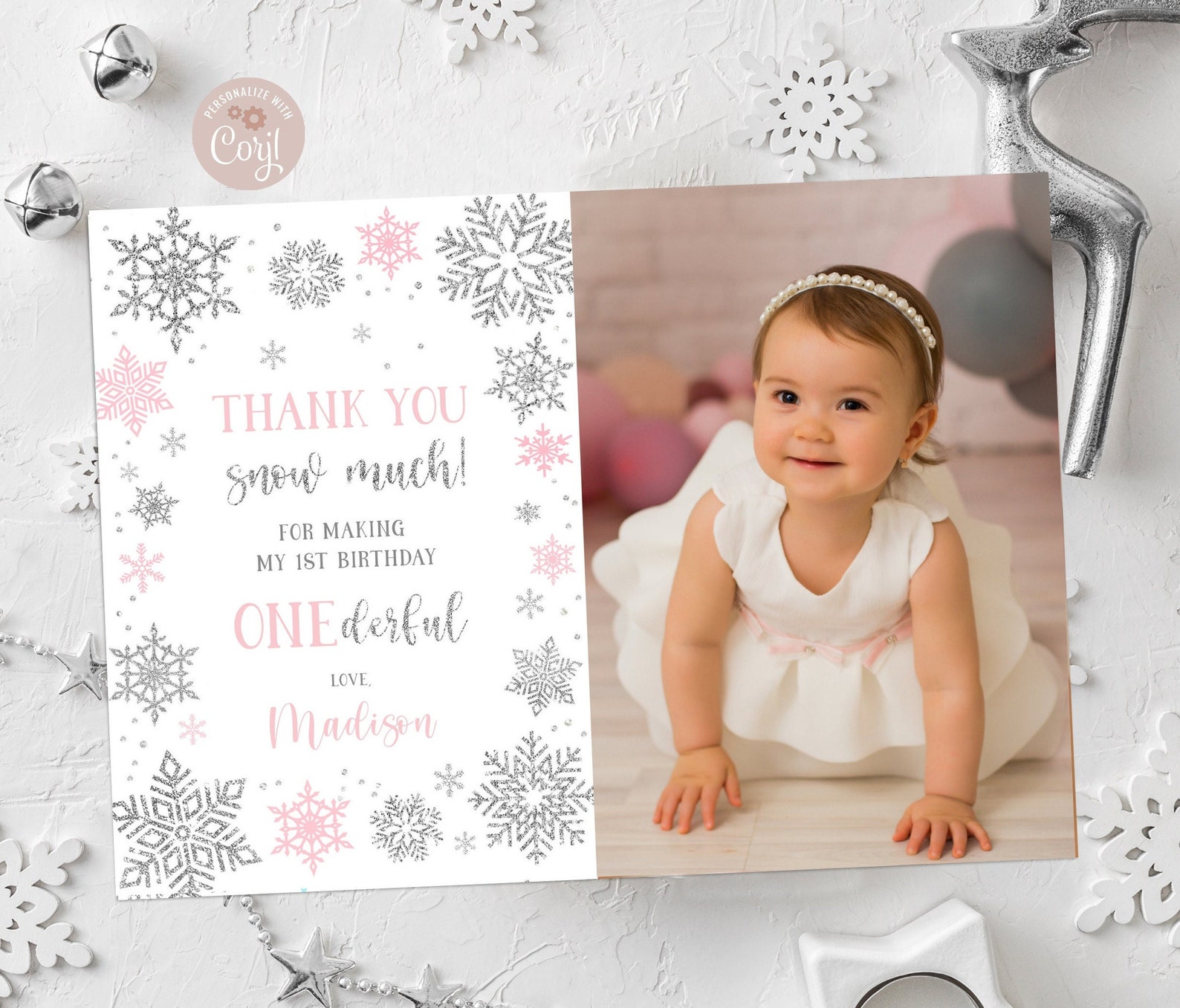 Editable Thank You Snow Much Thank You Card With Photo Winter Birthday ...