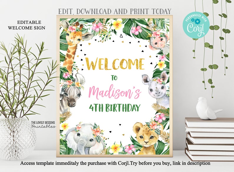 Editable Jungle Welcome Sign Jungle Birthday Party Sign Jungle Girl ...