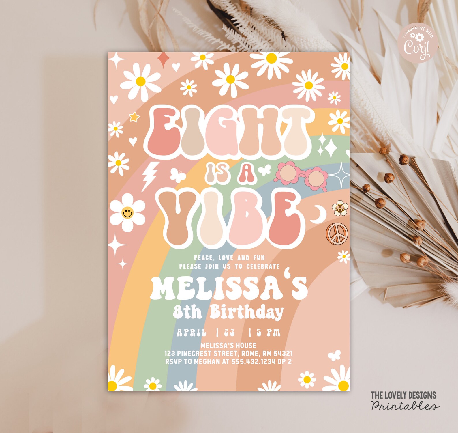 EDITABLE Eight is A Vibe Groovy 8th Birthday Party Invitation Daisy ...