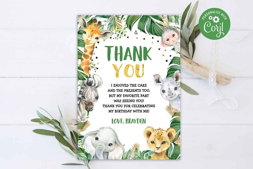 EDITABLE Jungle Thank You Card Jungle Birthday Party Cards Jungle Boy ...