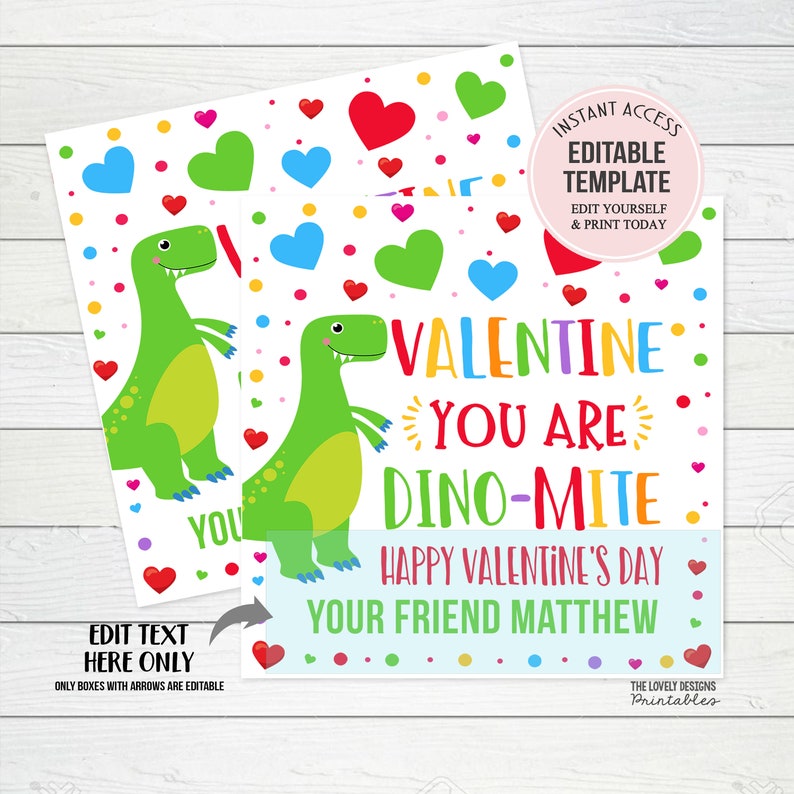 Dinosaur Valentine's Day Tag, Dino-mite Valentine, Dinosaur Printable ...