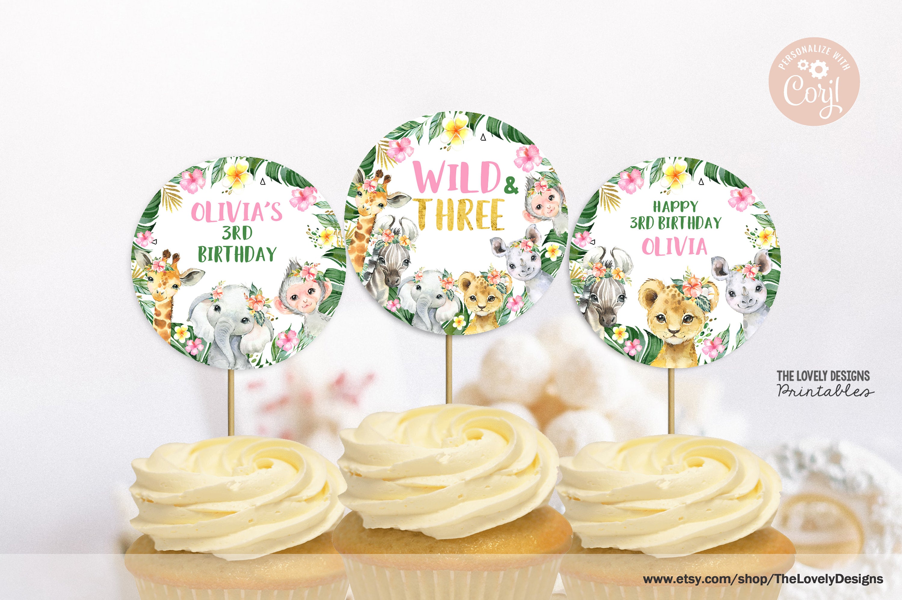 EDITABLE Jungle Wild and Three Cupcake Toppers Jungle Girl 3rd Birthday ...