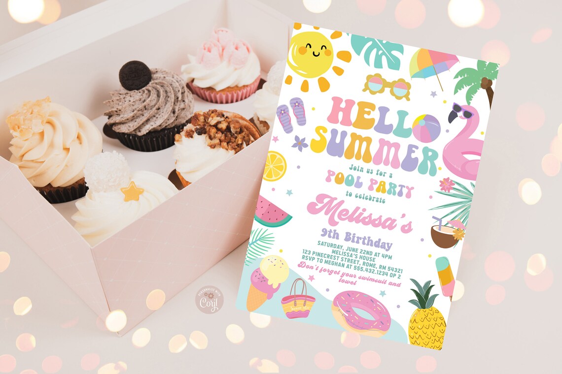 Editable Hello Summer Pool Party Birthday Invitation Girly Splish ...