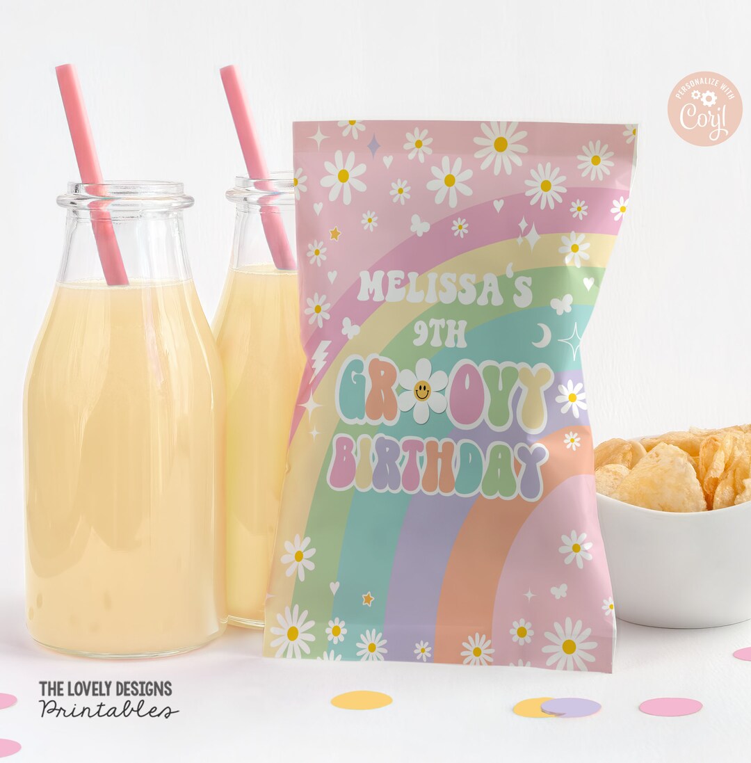 EDITABLE Groovy Birthday Chip Bag Wrapper Daisy Groovy Rainbow Pink ...