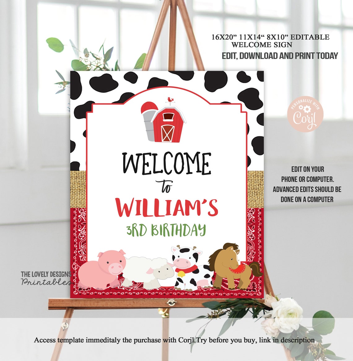 Editable Farm Welcome Sign Farm Birthday Party Sign Farm Bandana Red ...