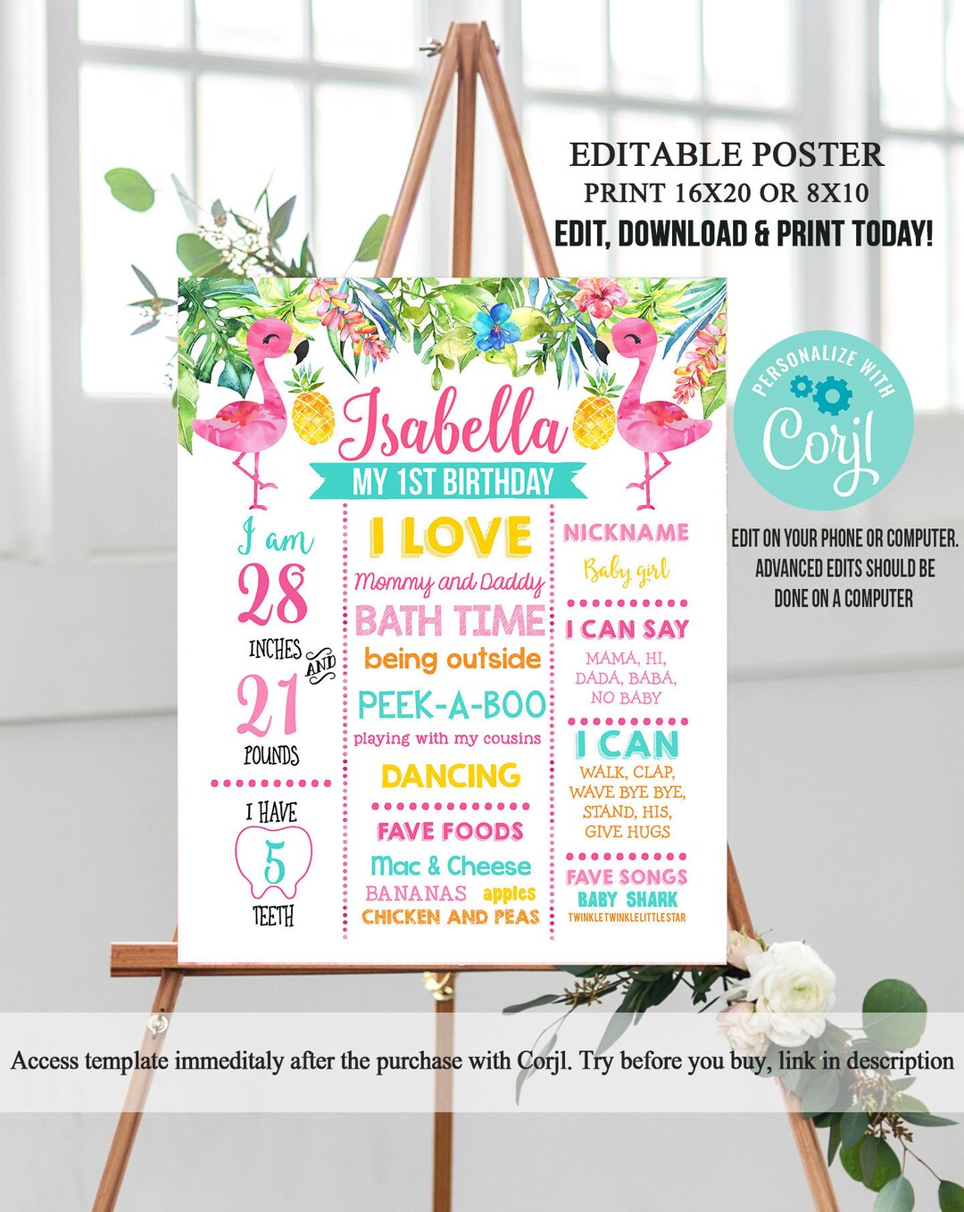 Editable Flamingo Birthday Milestone Poster Summer Flamingo Birthday ...
