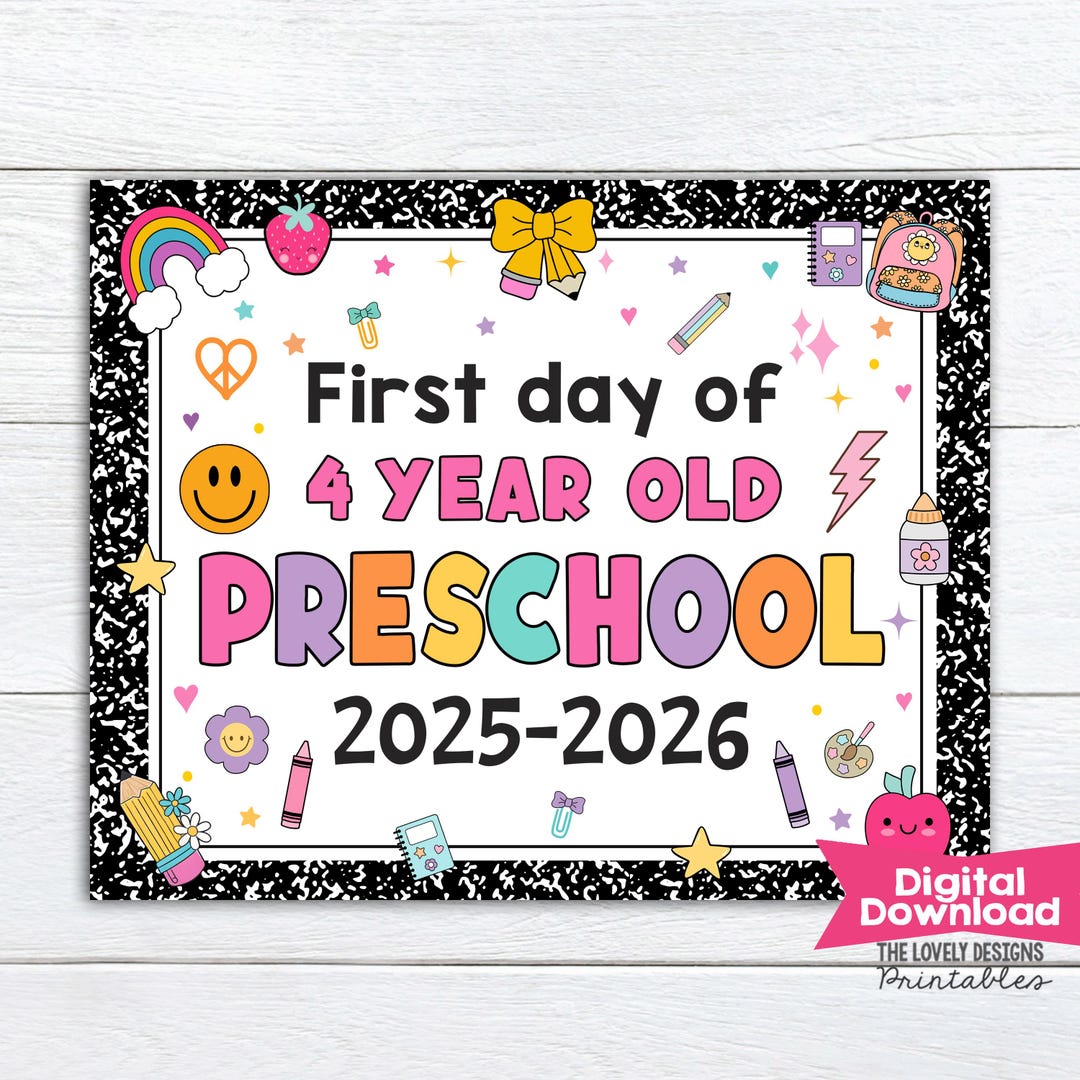 First Day of 4 Year Old Preschool Sign INSTANT DOWNLOAD Photo Prop ...