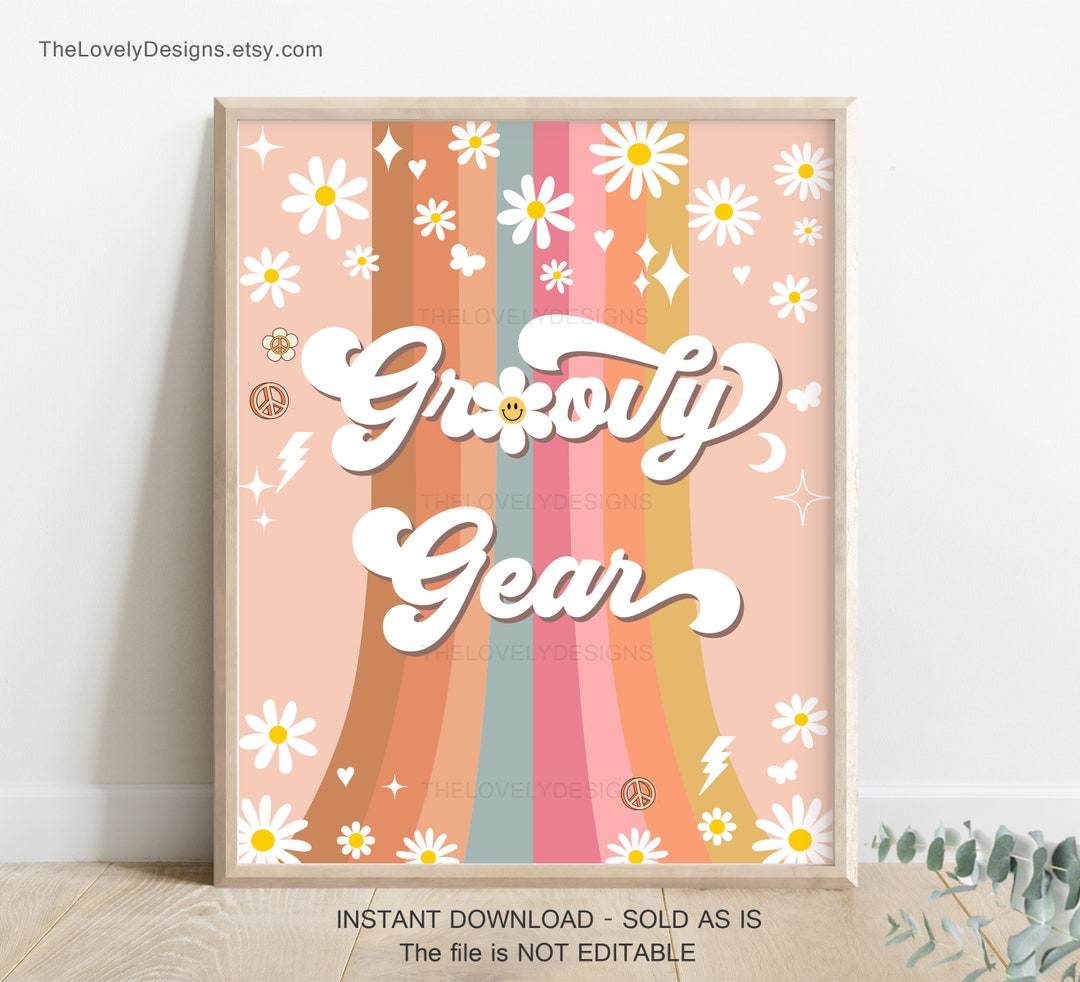 Retro Groovy Gear Sign Groovy Birthday Party Sign Decor Rainbow Orange ...