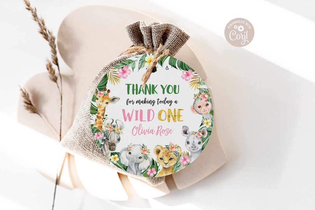 Editable Wild One Jungle Favor Round Tag 2.5" Jungle Girl 1st Birthday ...