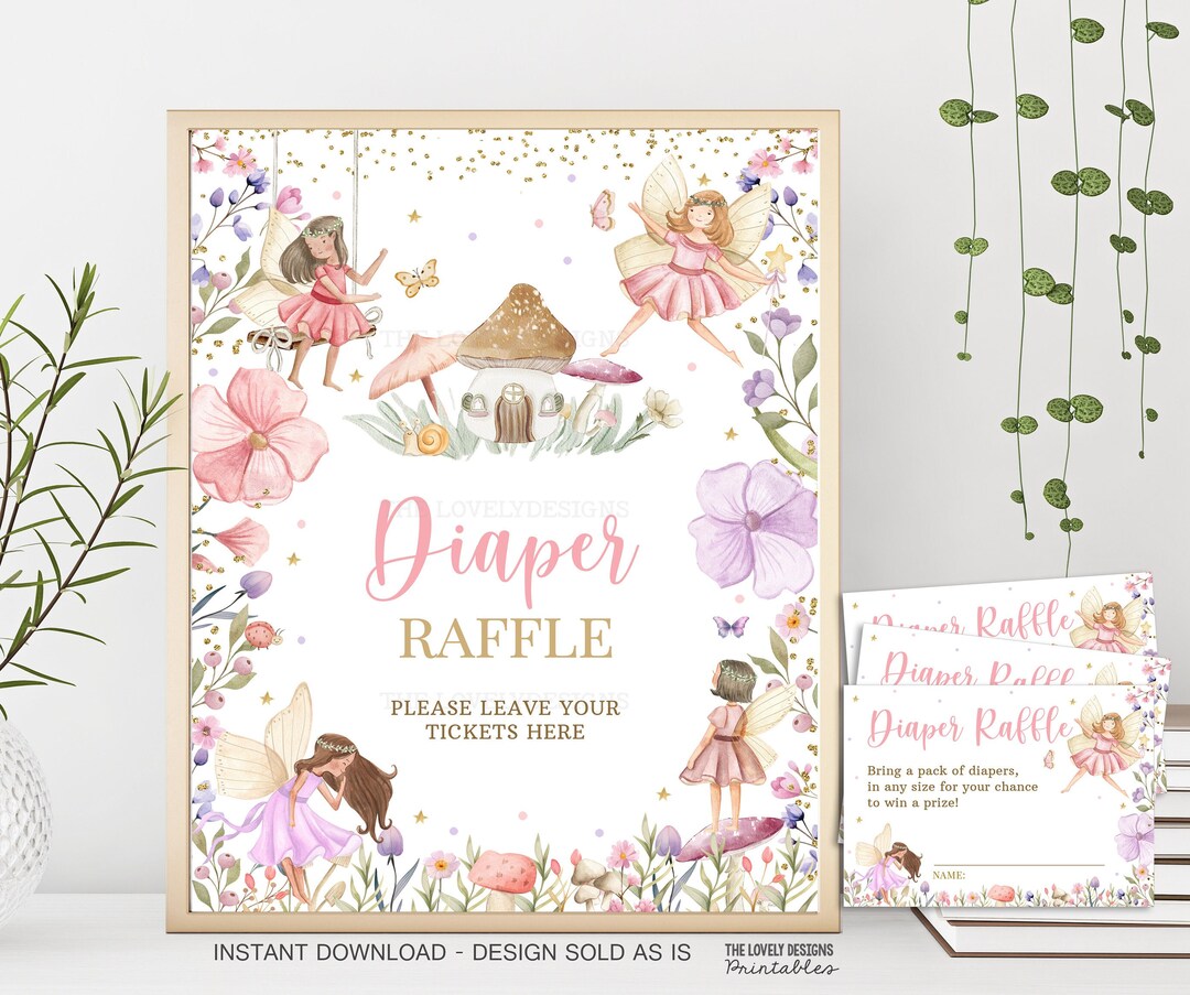 Diaper Raffle Sign and Tickets Fairy Baby Shower Activity Whimsical ...