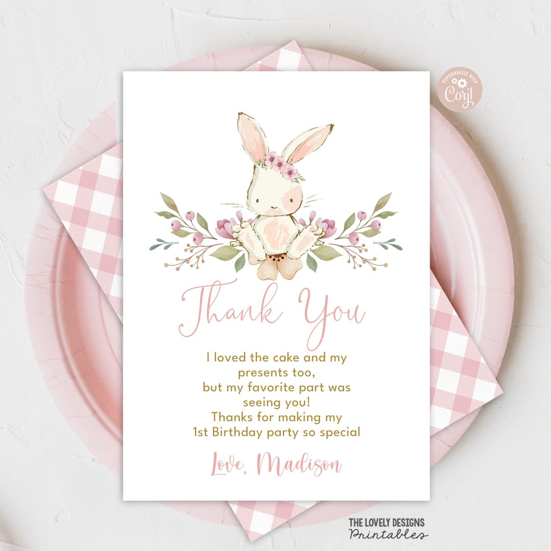 EDITABLE Bunny Thank You Card Bunny Pink Floral Spring Rabbit Easter ...