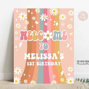 EDITABLE Groovy Welcome Sign Groovy Birthday Rainbow Orange Sign Daisy ...