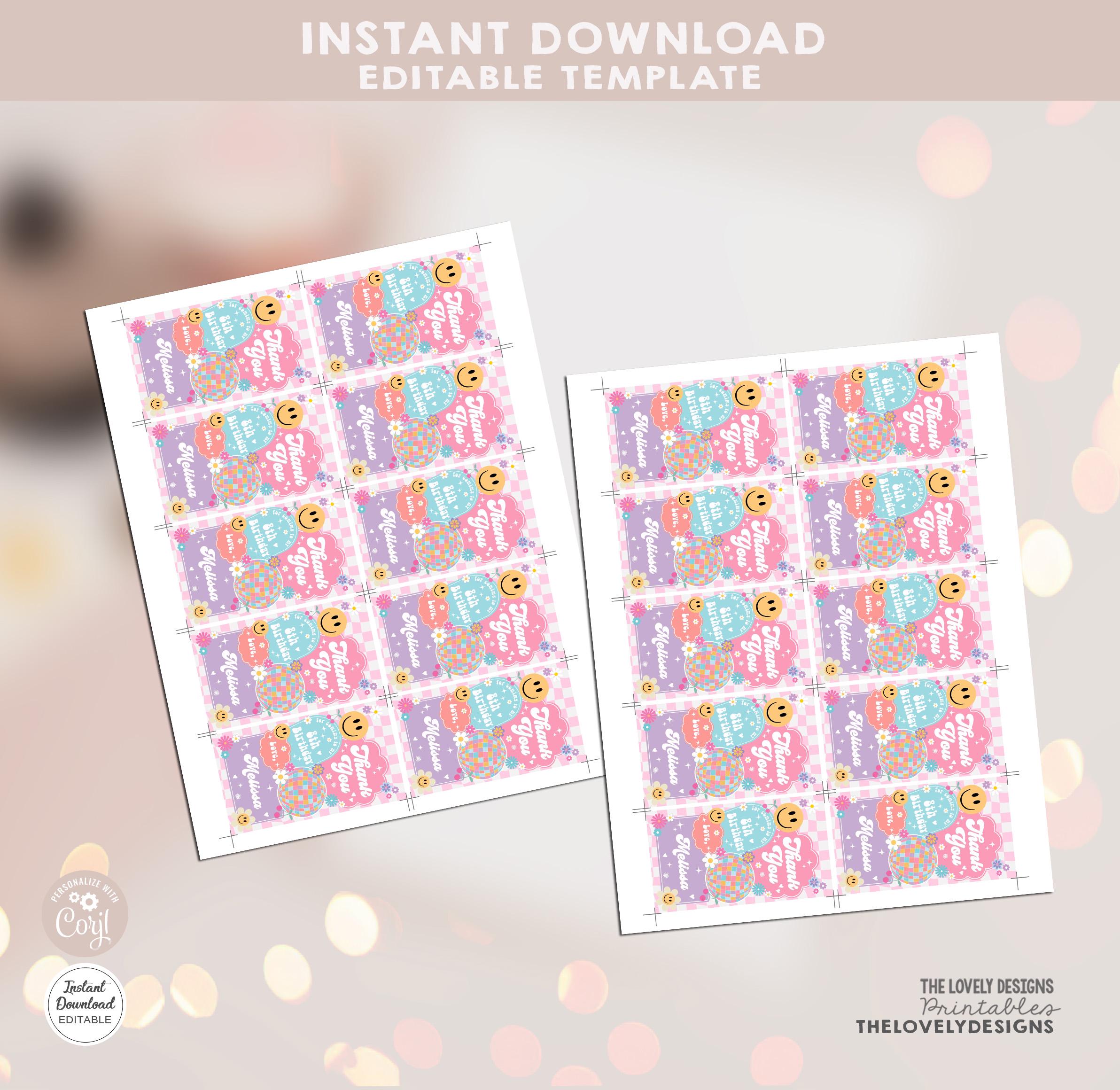 EDITABLE Favor Tag Checkered Smile Face Retro Tag Groovy Birthday Thank ...
