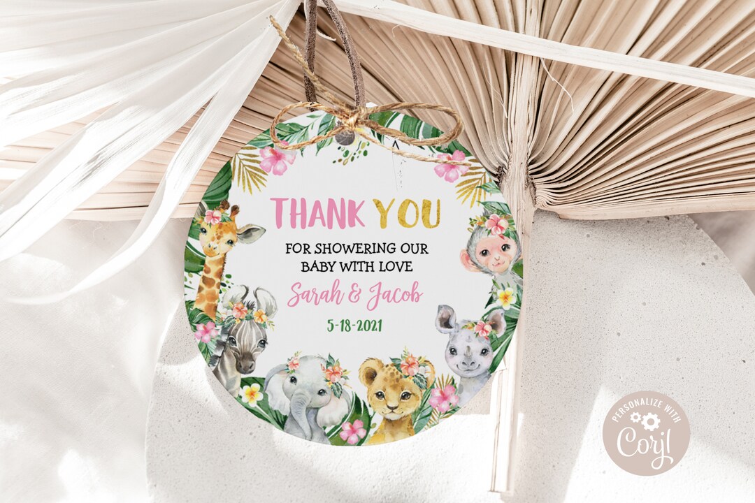 Editable Jungle Gift Tag 2.5" Jungle Girl Baby Shower Favor Round Tags ...